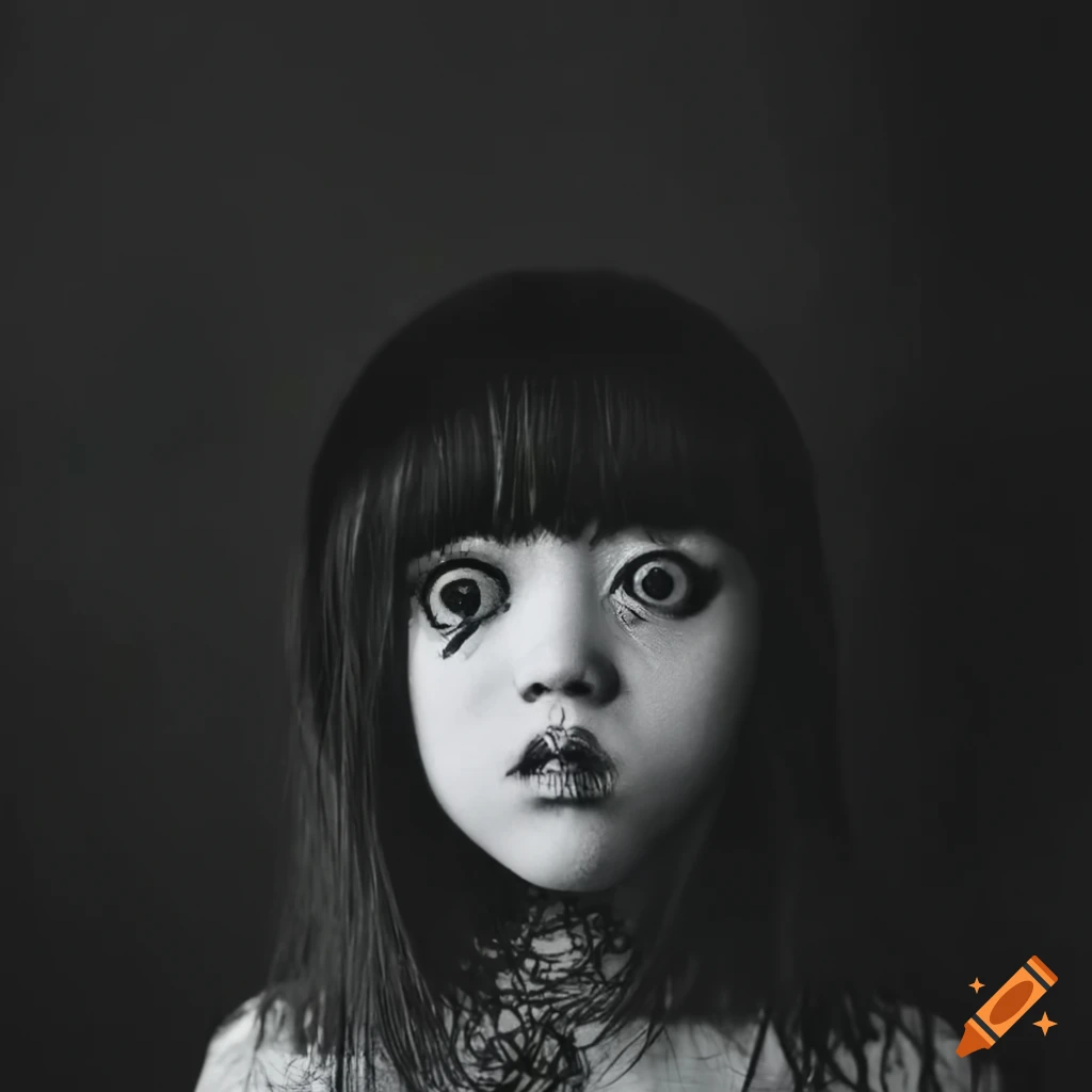 Creepy and child-like character with buttons for eyes in front of black ...