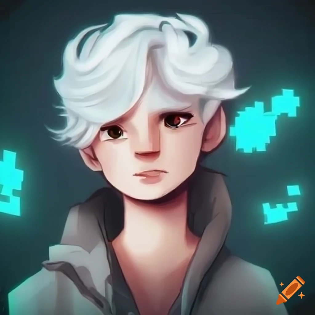 Character with white hair and hood in 2D Minecraft style on Craiyon