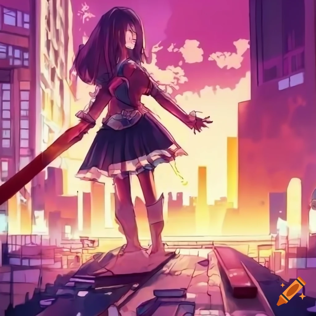 Giant girl destroying a tiny city in anime style artwork on Craiyon