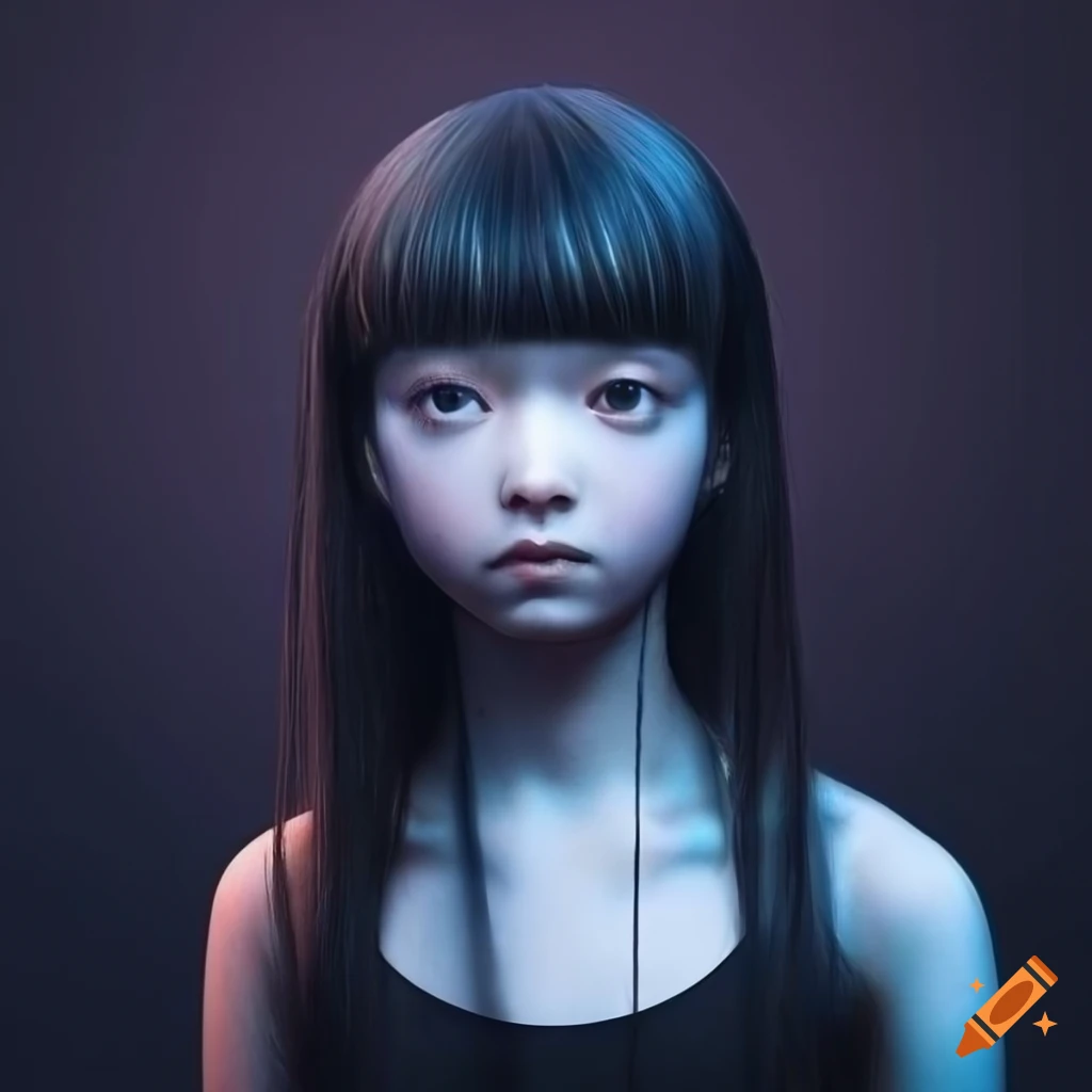 Junji Ito's Tomie with button eyes on black background on Craiyon