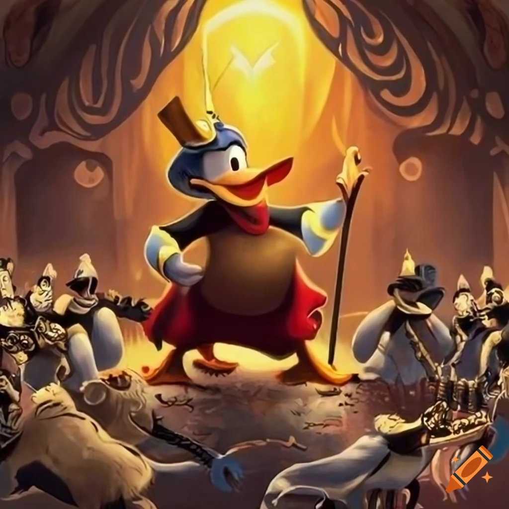 Disney-style illustration of victorious duck king with his quacking ...