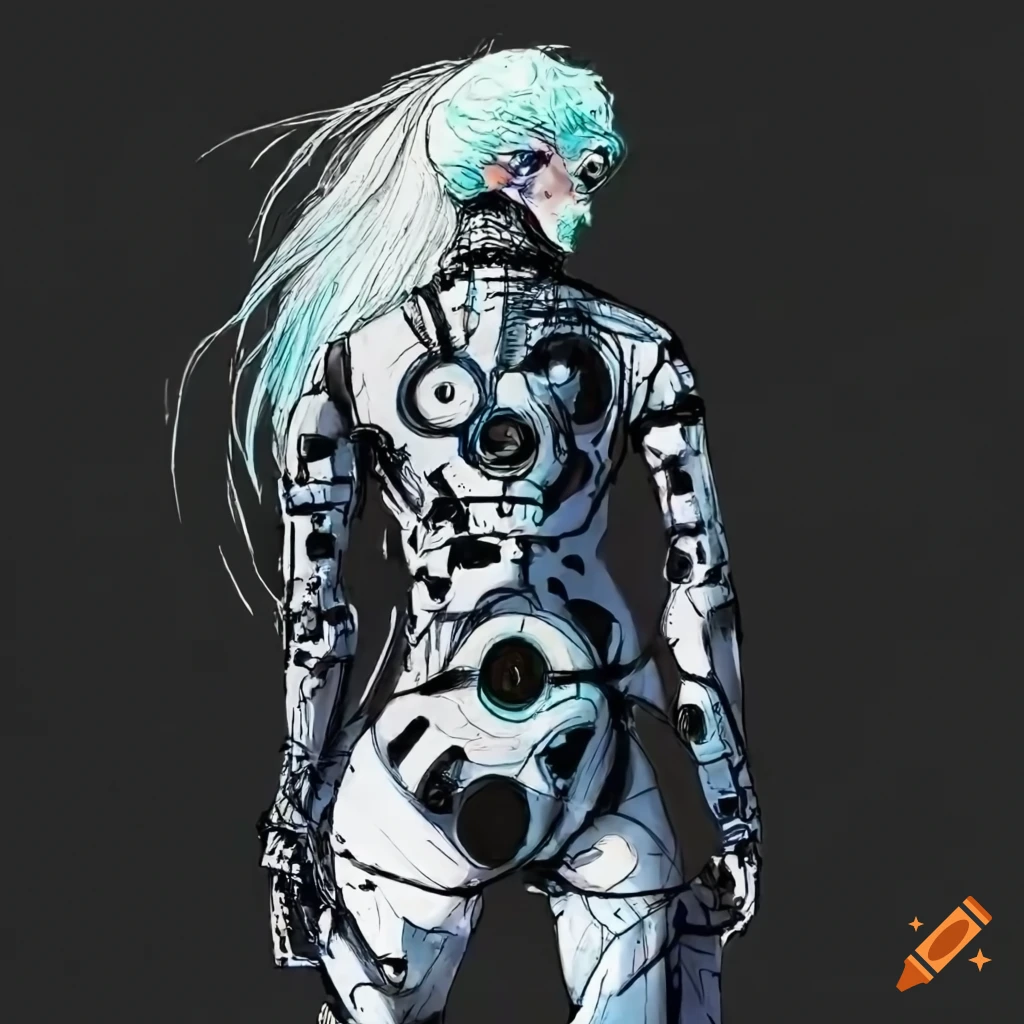 High-tech young man cyborg in a form-fitting bodysuit with light cyan ...