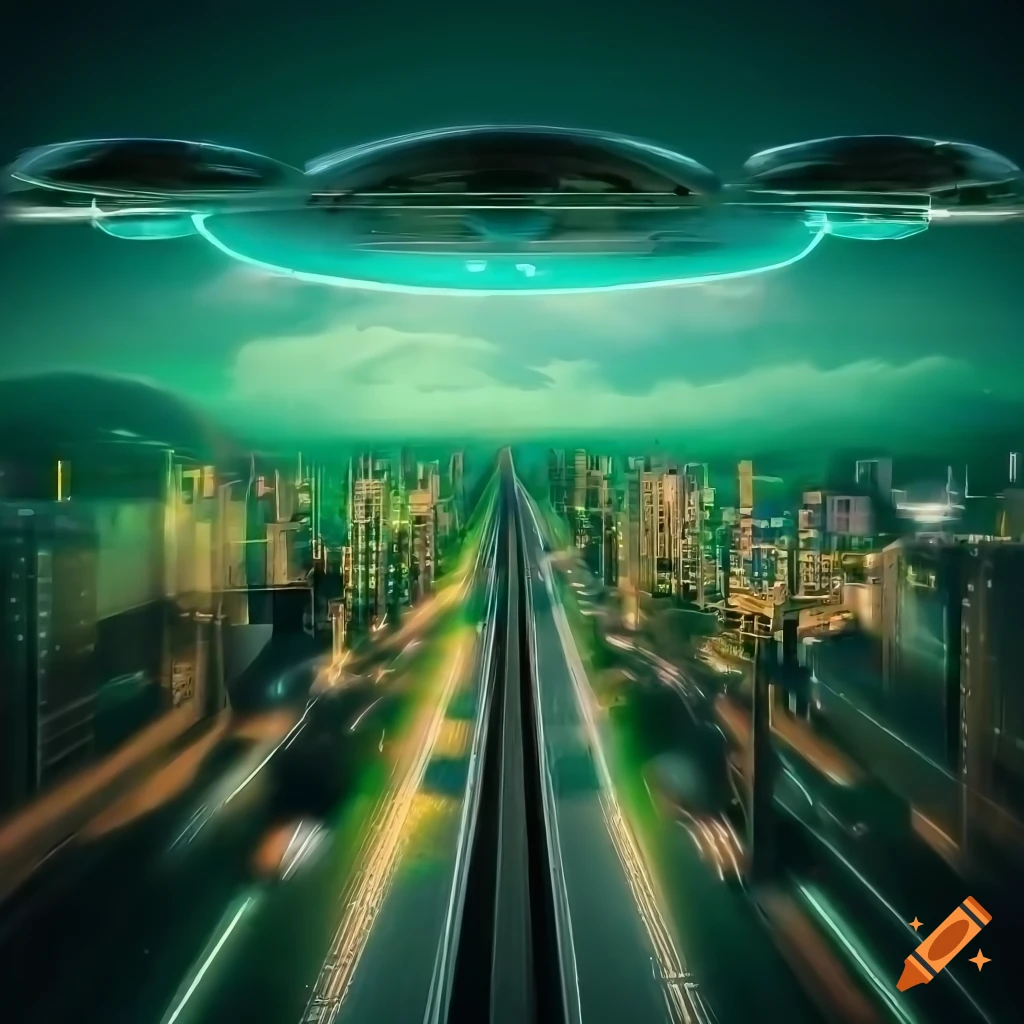 Futuristic city with skyscrapers, flying buses, and a ufo in a green ...