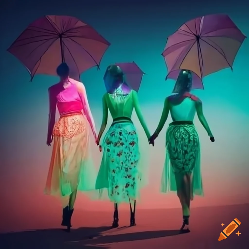 Three women in colorful translucent skirts with umbrellas in a surreal ...