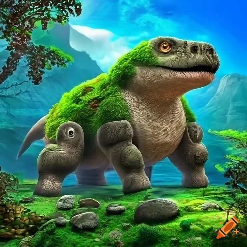 Panoramic view of atomic eden with prehistoric creatures and ancient ...