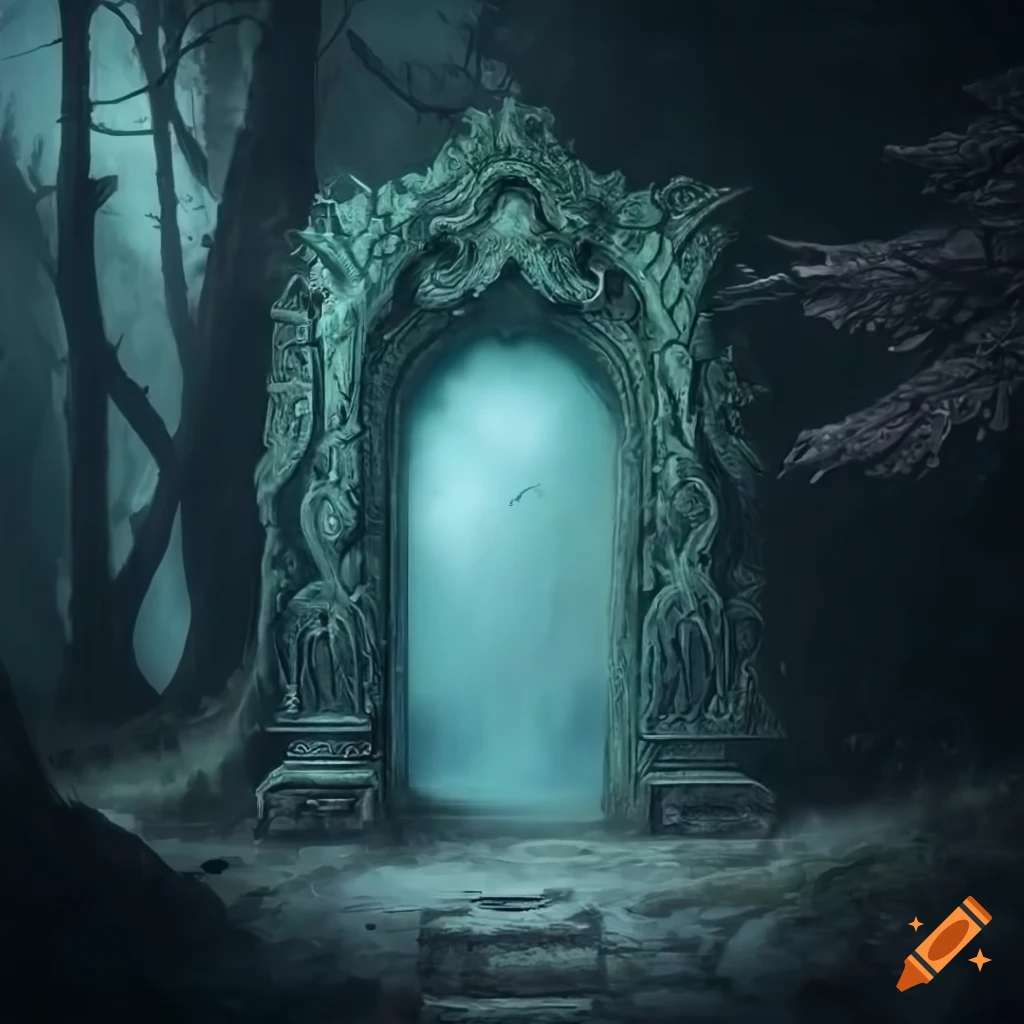 Ancient mystical door with dragon motifs in a foggy forest clearing on ...
