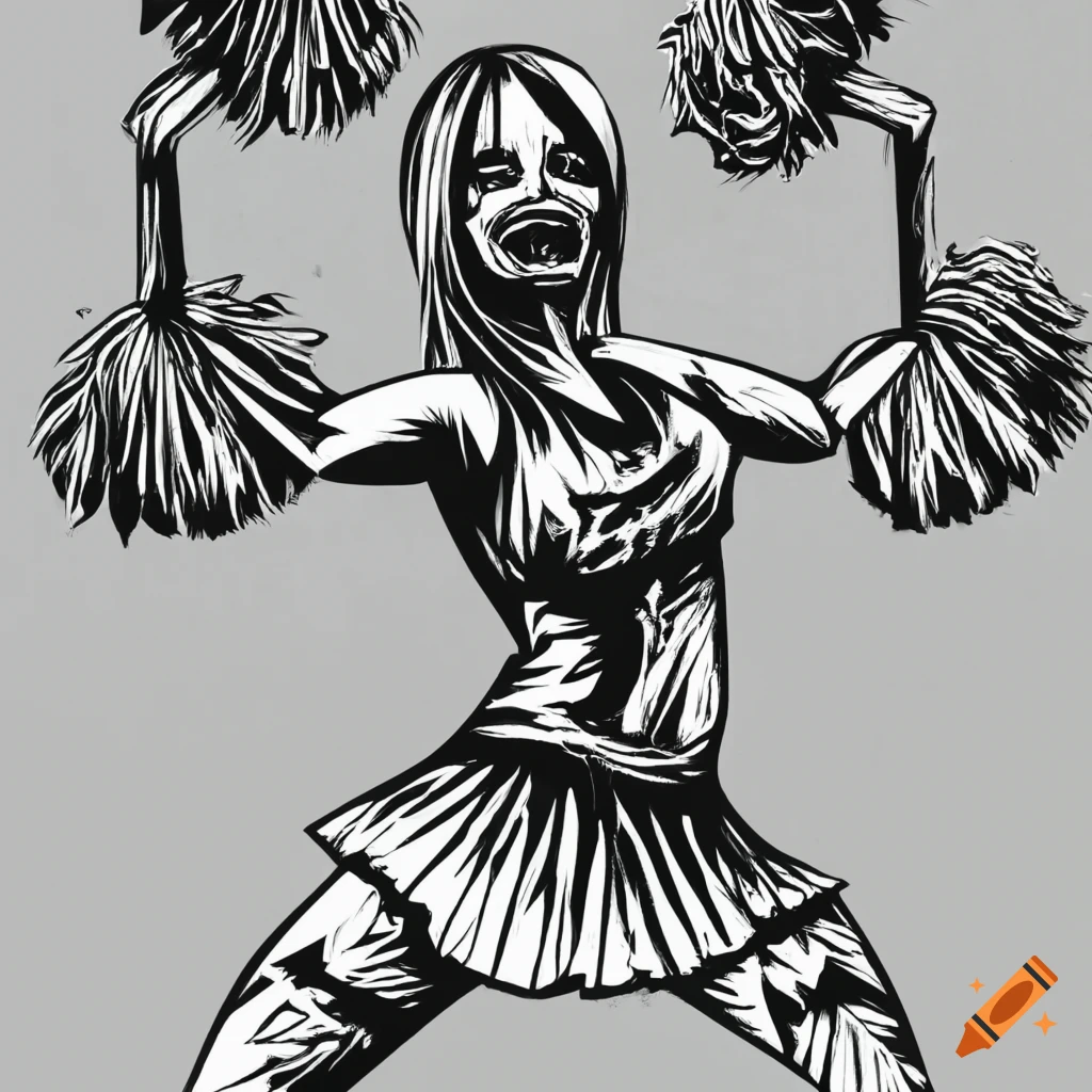 Ghoul cheerleader in a monochrome woodcut style on Craiyon