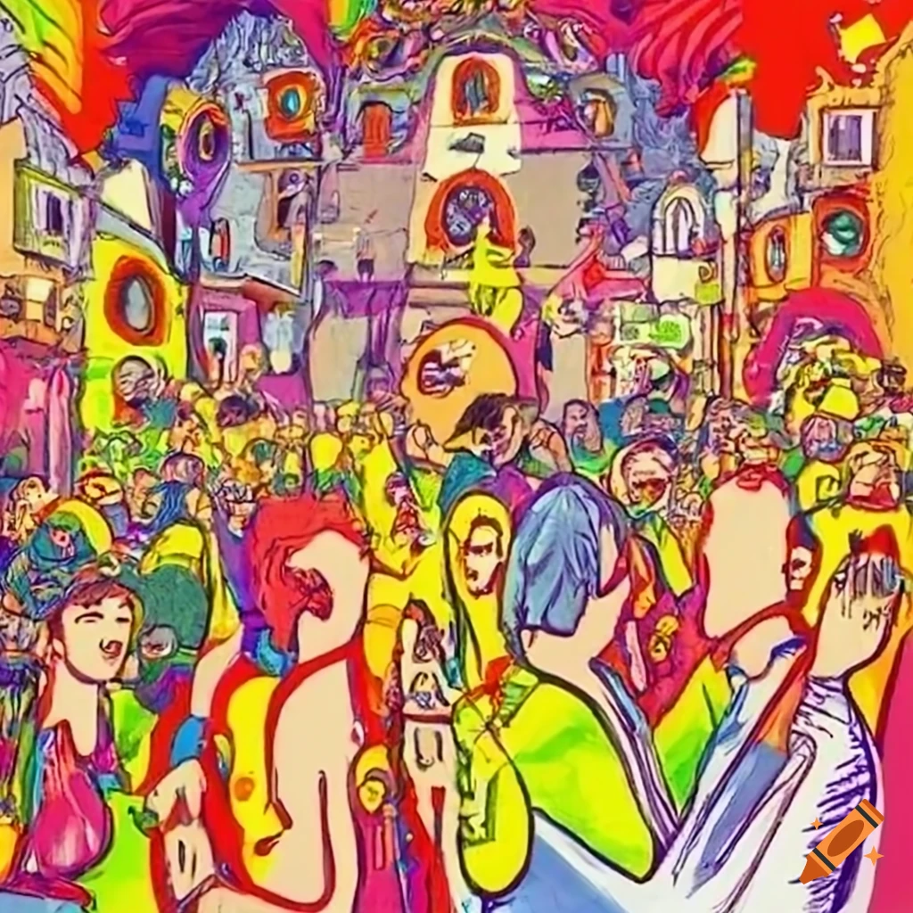 Psychedelic music festival village in ardèche france with people ...