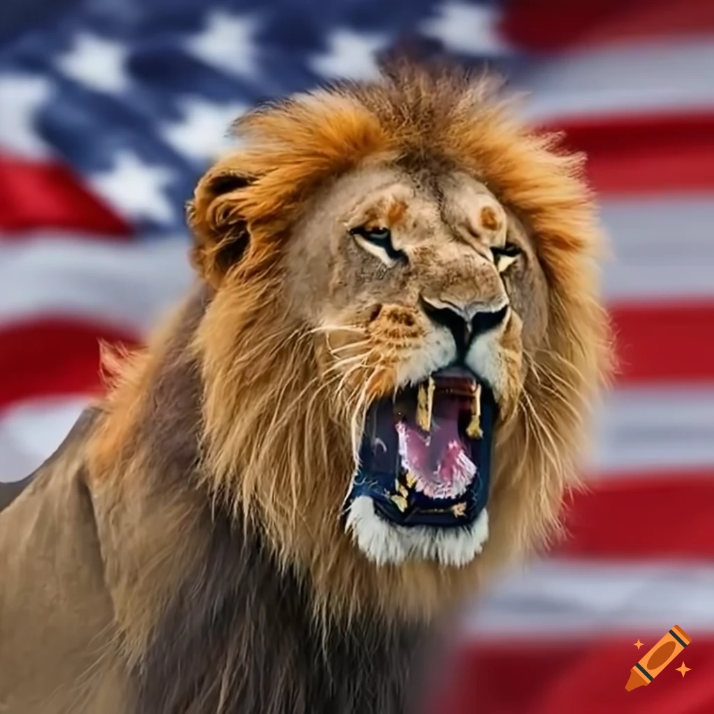 Roaring lion on mountaintop with waving American flag on Craiyon