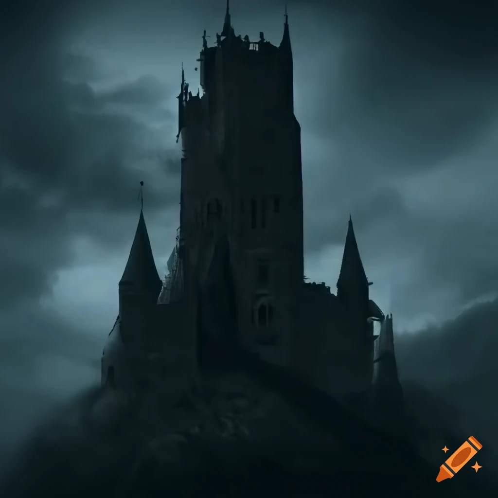 Decaying Gothic castle with floating stones and skull decoration on Craiyon