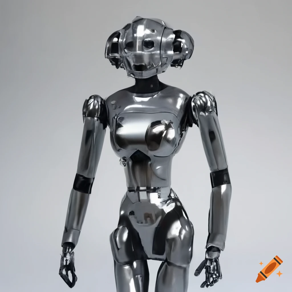 Shiny metal gray latex robot mech inspired by sophie turner on Craiyon
