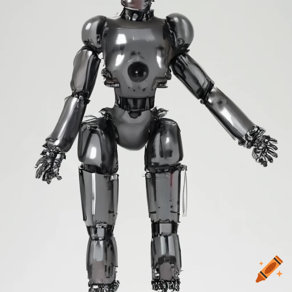 Shiny metal gray latex robot mech featuring Sophie Turner on Craiyon