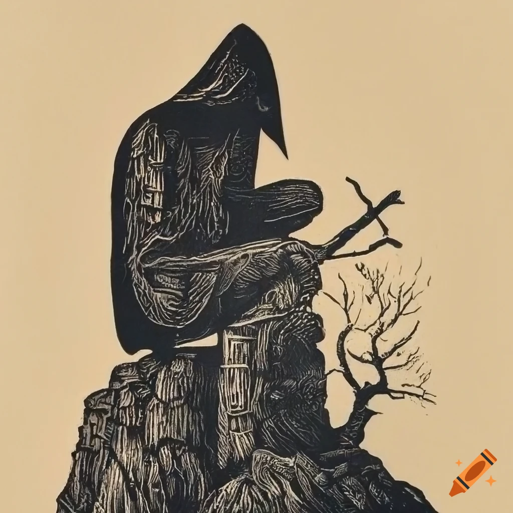 Hooded figure carving symbols into a tree atop a cliff with magical ...