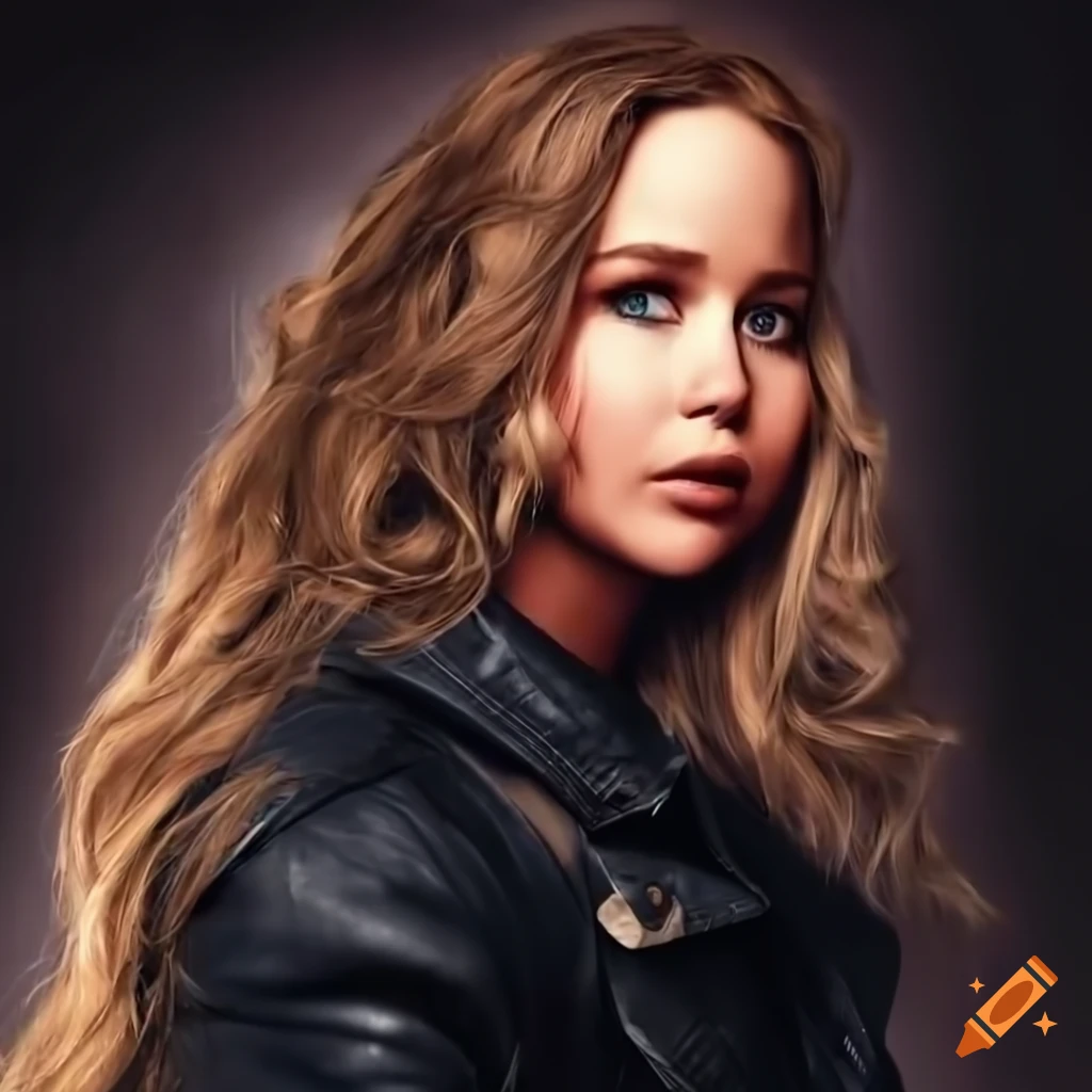 Blonde actress resembling Jennifer Lawrence in outlaw biker style outfit on Craiyon