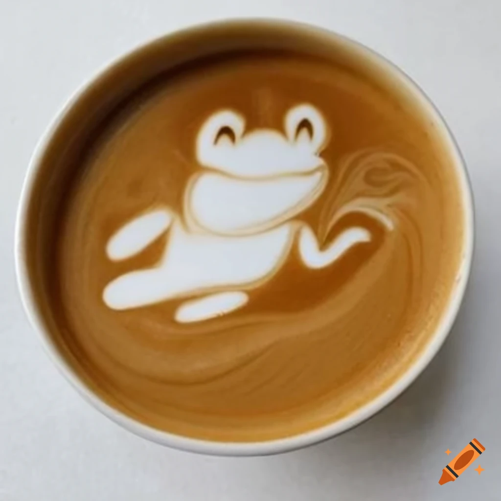 Detailed drawing of a frog on a cup of latte art on Craiyon
