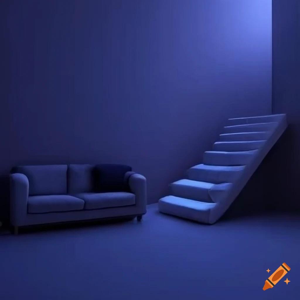 Modern living room at night with stairs, sofa, TV, and PlayStation on ...