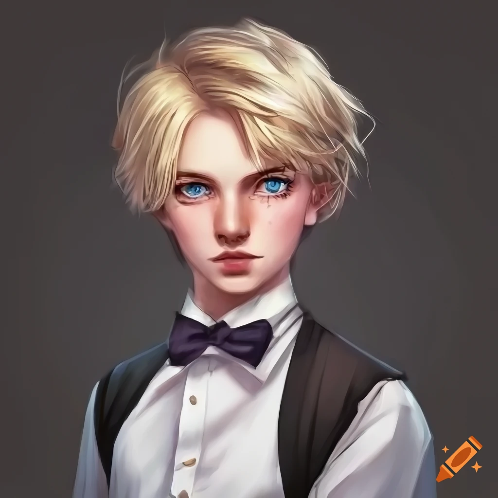 Androgynous character with short blonde hair and serious expression on ...