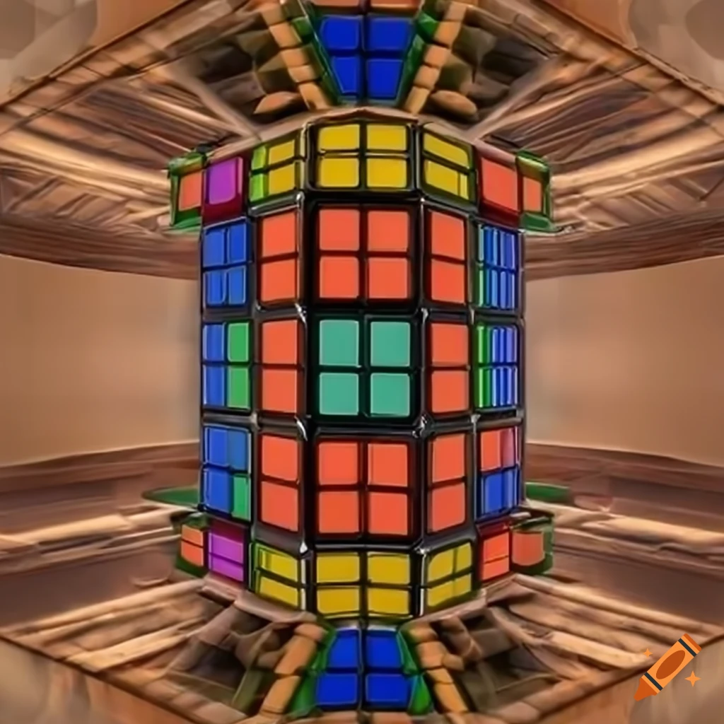 3D geometric column with multicolored Rubik's Cube pattern in interior ...
