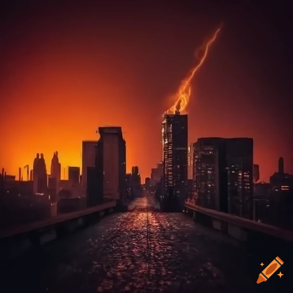 Dystopian cityscape under a fiery post-apocalyptic sky on Craiyon