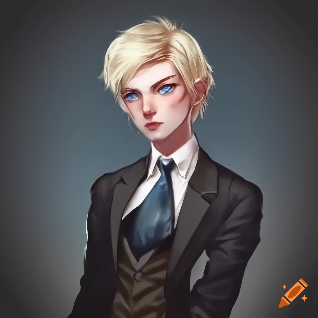 Androgynous character with blonde hair and blue eyes in a serious ...