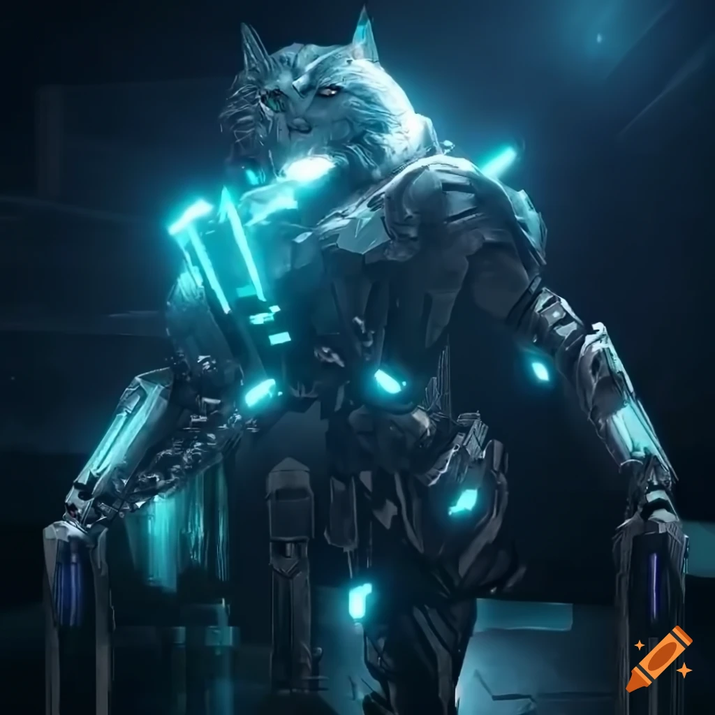 Giant mecha cat in a spaceship repair bay with hyperrealistic detail ...