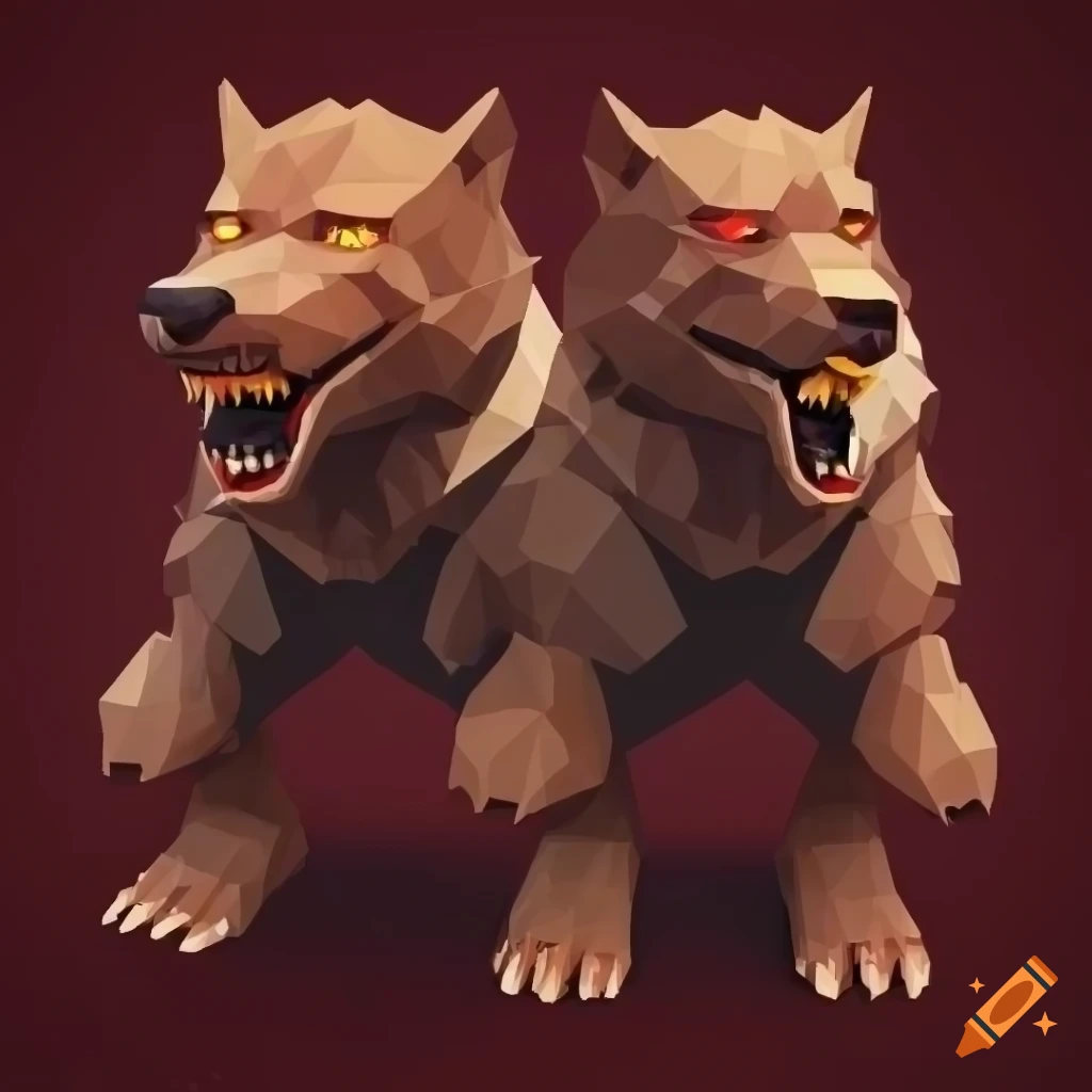 Small medieval three-headed cerberus hellhound in low poly style on Craiyon