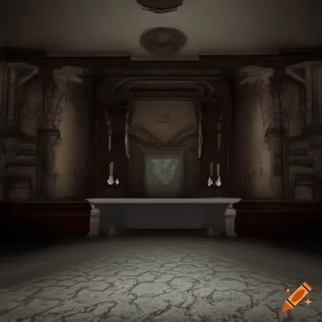 Low resolution dark introspective room with an empty altar in retro ...