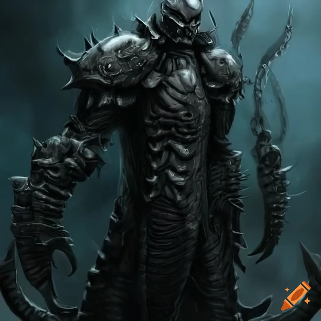 Dark metal armor humanoid trilobite fantasy monster game boss on Craiyon