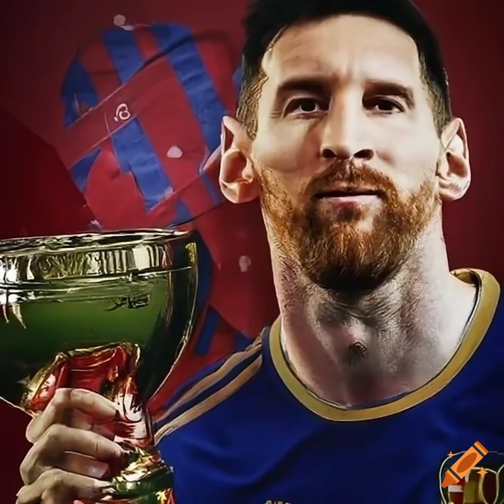 Lionel Messi celebrating with a trophy for 91 goals in a year on Craiyon