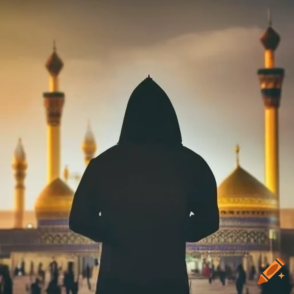 Shia muslim man walking towards mosque in karbala with an imam hussain ...
