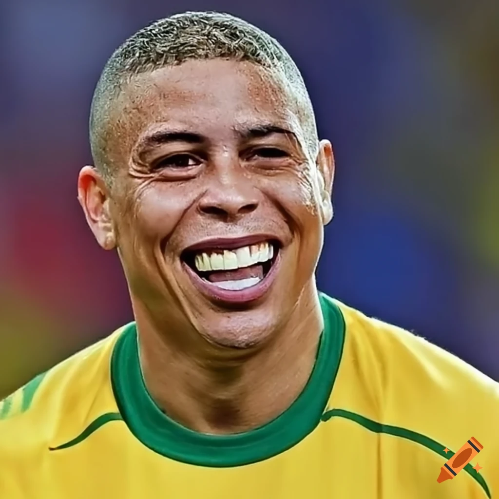 Portrait of ronaldo, the brazilian football player, laughing on Craiyon