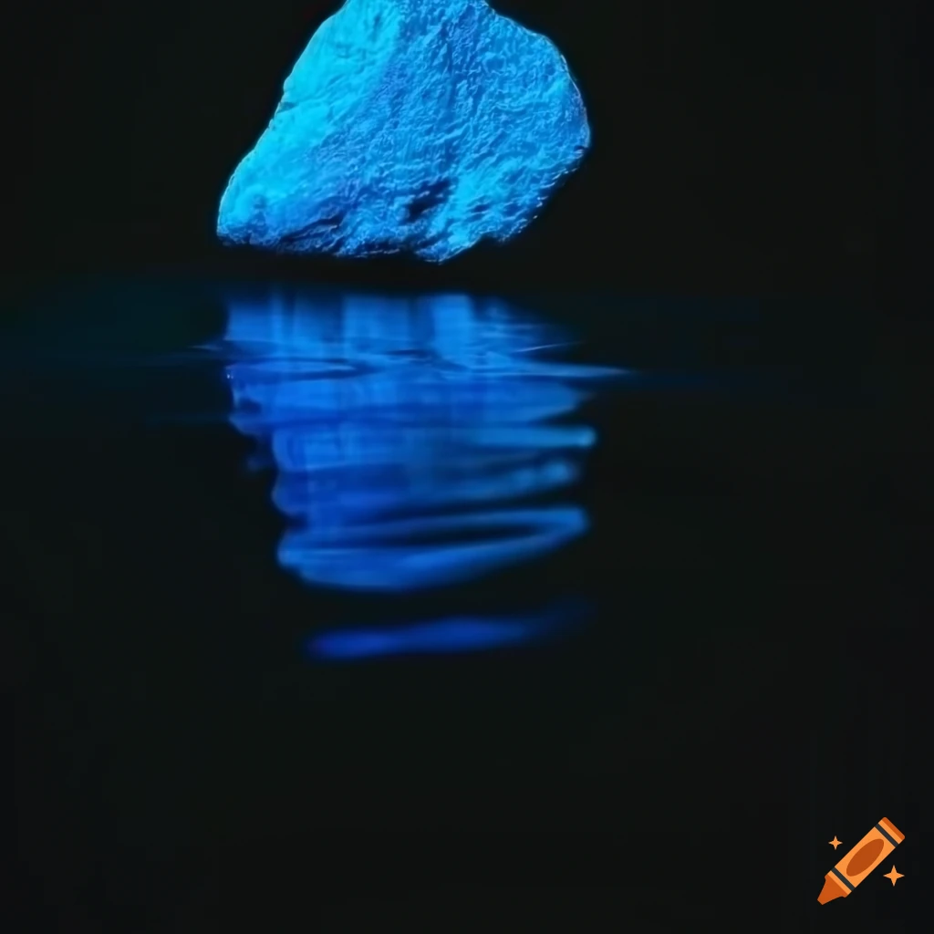 Neon minimalist rock reflecting in water in a dark room on Craiyon