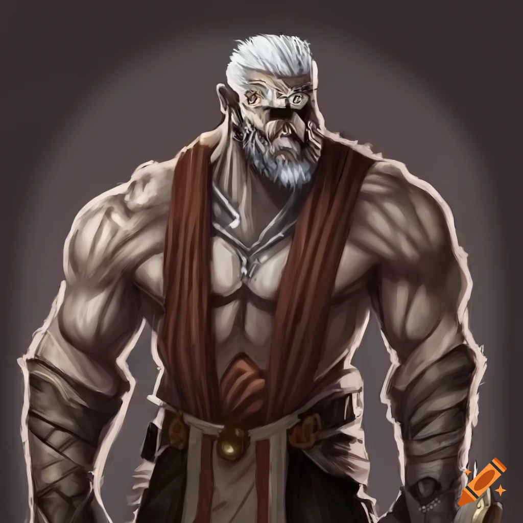 Goliath DnD character with gray skin, white hair, and paladin attire on ...