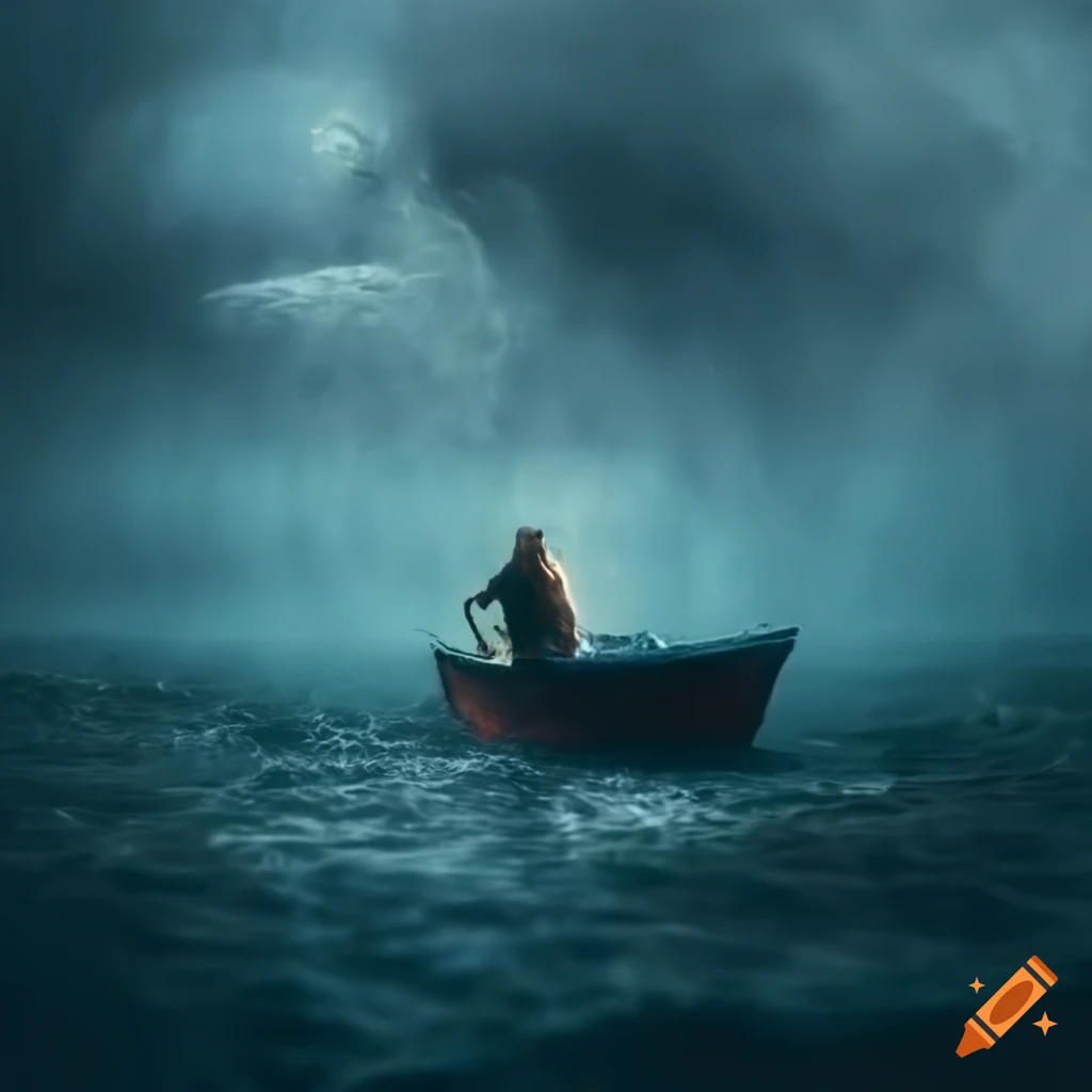 Man in a storm at sea on a boat eating a piece of meat on Craiyon