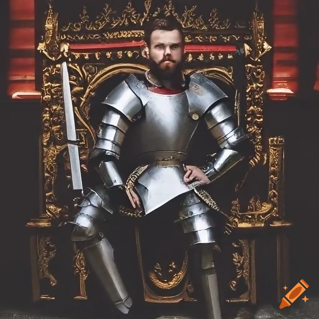 Strong medieval knight sitting on a throne with a sword and a scar on ...