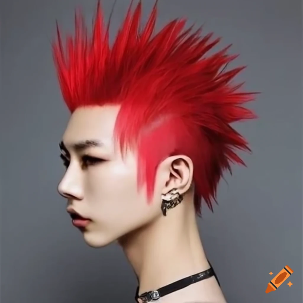 Japanese man with red punk Mohawk haircut in a cyberpunk 2077 setting ...