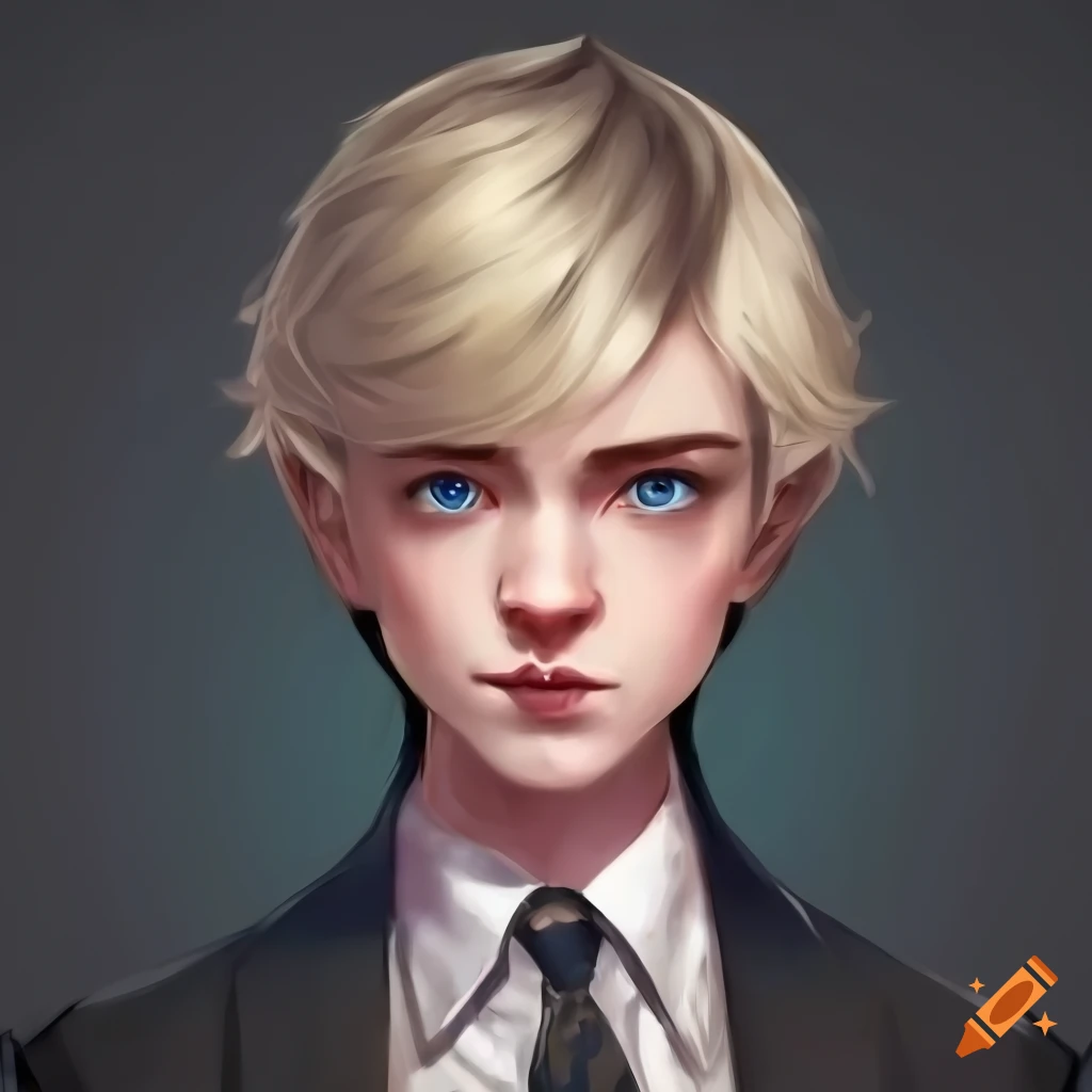Androgynous character with blue eyes and serious expression in formal ...