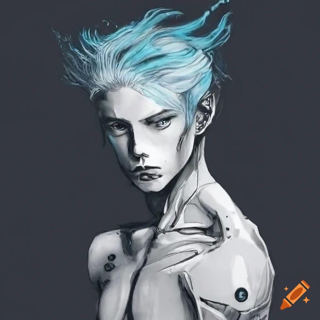 Young male cyborg in a white cutting-edge bodysuit with light cyan hair ...