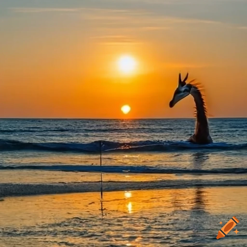 Beautiful giraffe on the beach at sunrise with sun reflections in the ...