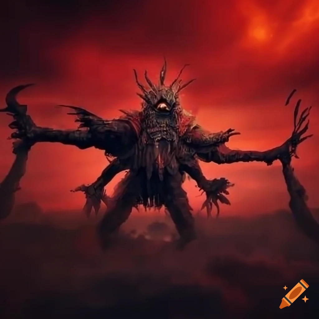 Epic dark fantasy scene with a red sky depicting war between humans and ...