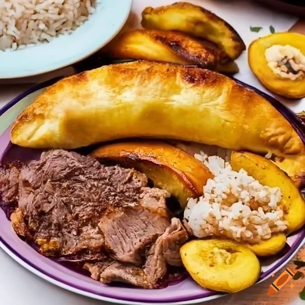 Dominican feast with roasted pork, rice, plantains, and empanadas on ...
