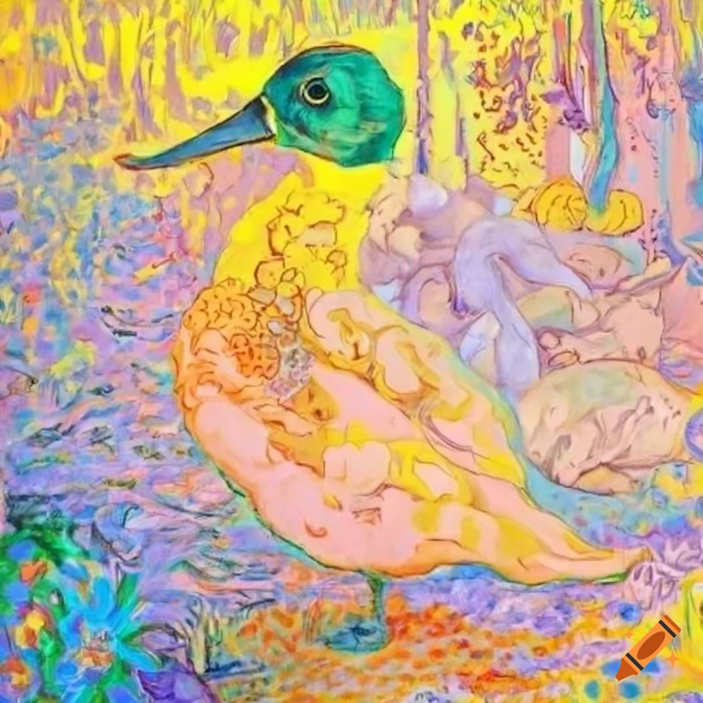 Intricate surrealist drawing of ducks in vibrant pastel colors on Craiyon
