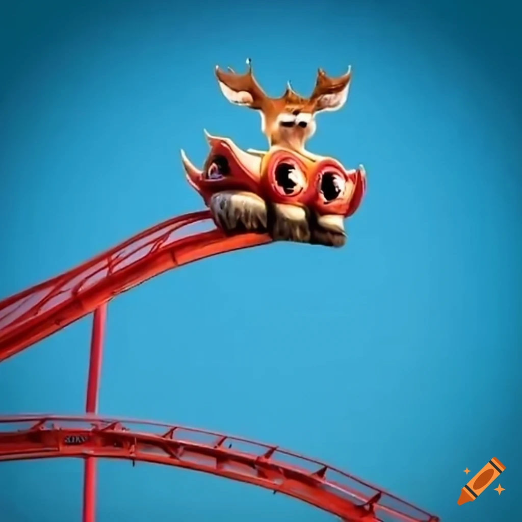 Deer enjoying a rollercoaster ride in an amusement park on Craiyon