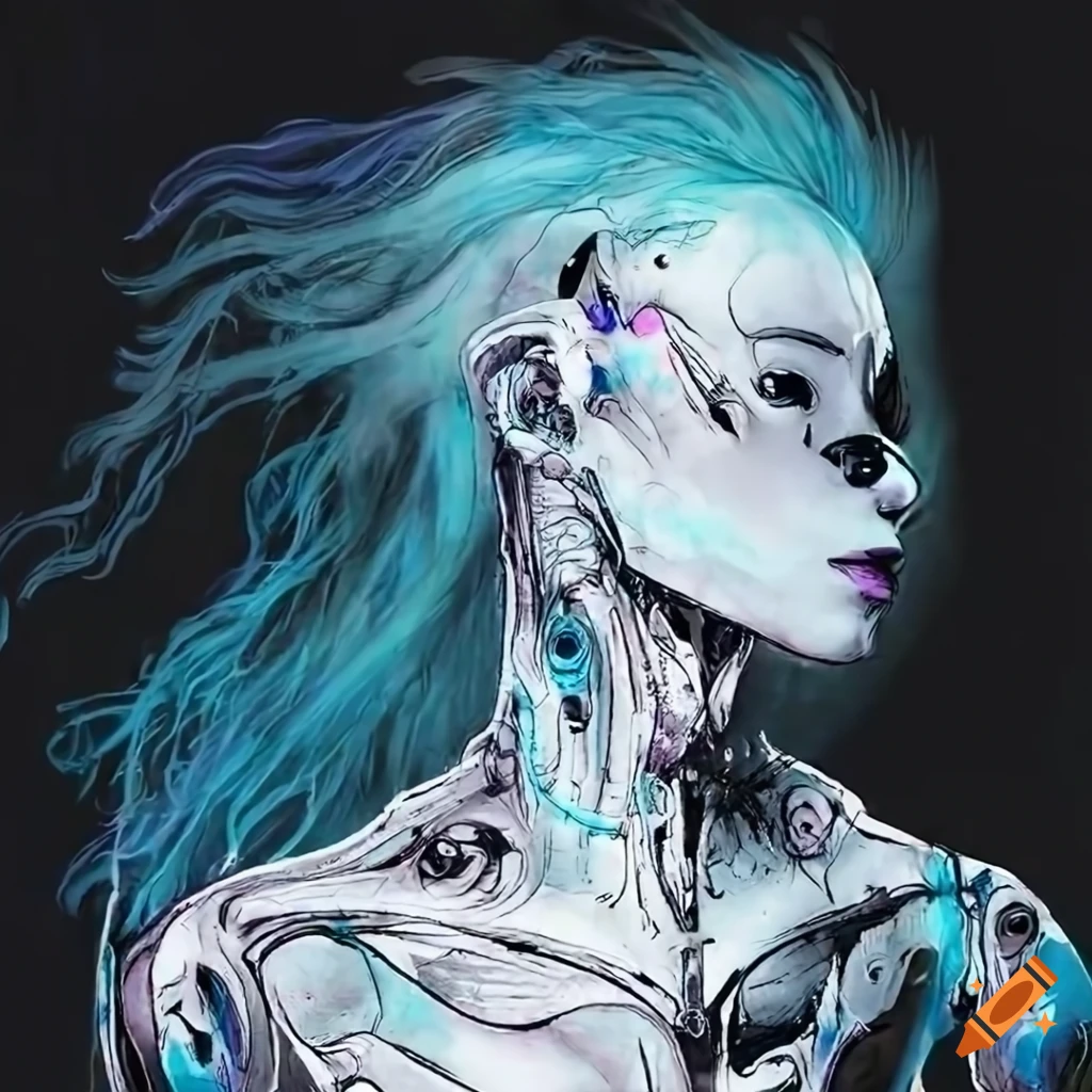 White black ink portrayal of a young male cyborg in a futuristic ...