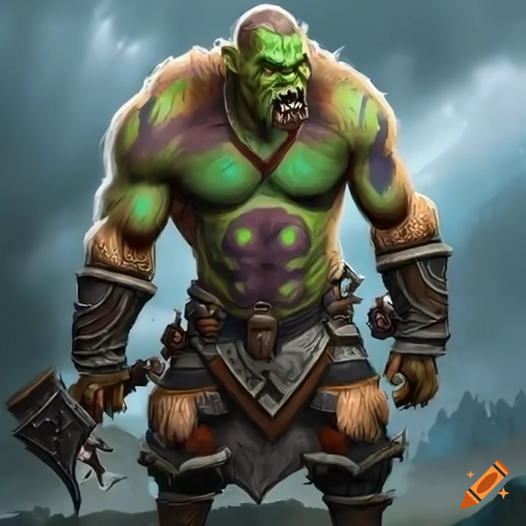 Muscular orc mercenary in rugged landscape under stormy sky on Craiyon