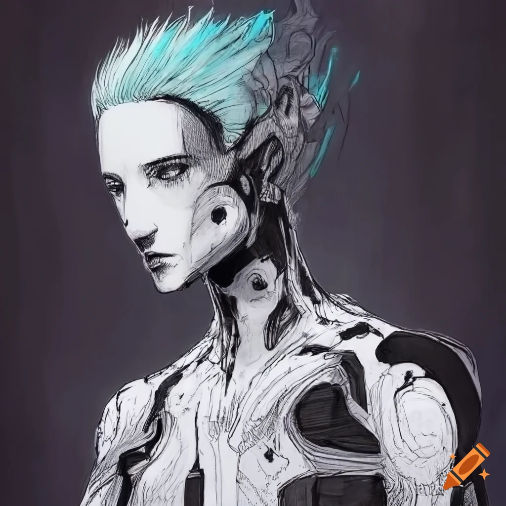 White and black ink portrait of a high-tech young man cyborg with cyan ...