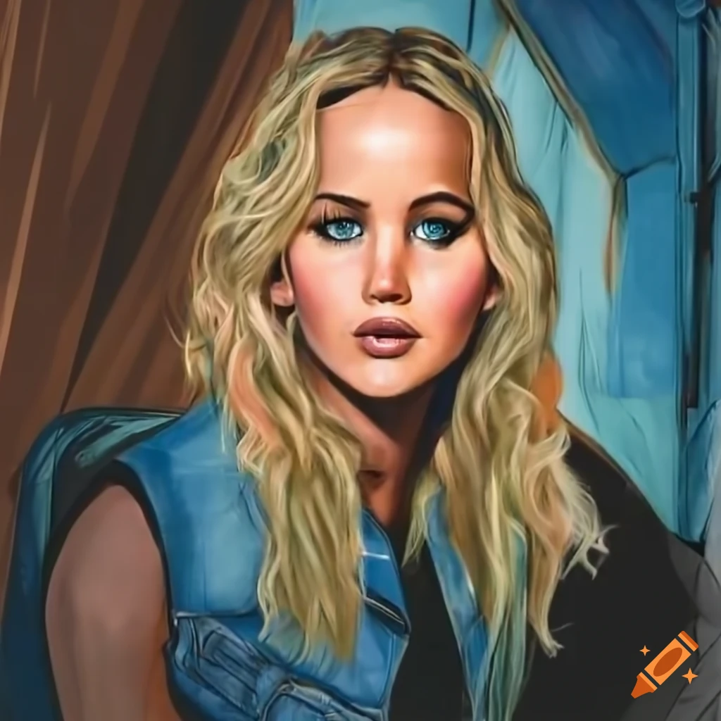 Blonde actress resembling Jennifer Lawrence in outlaw biker style ...
