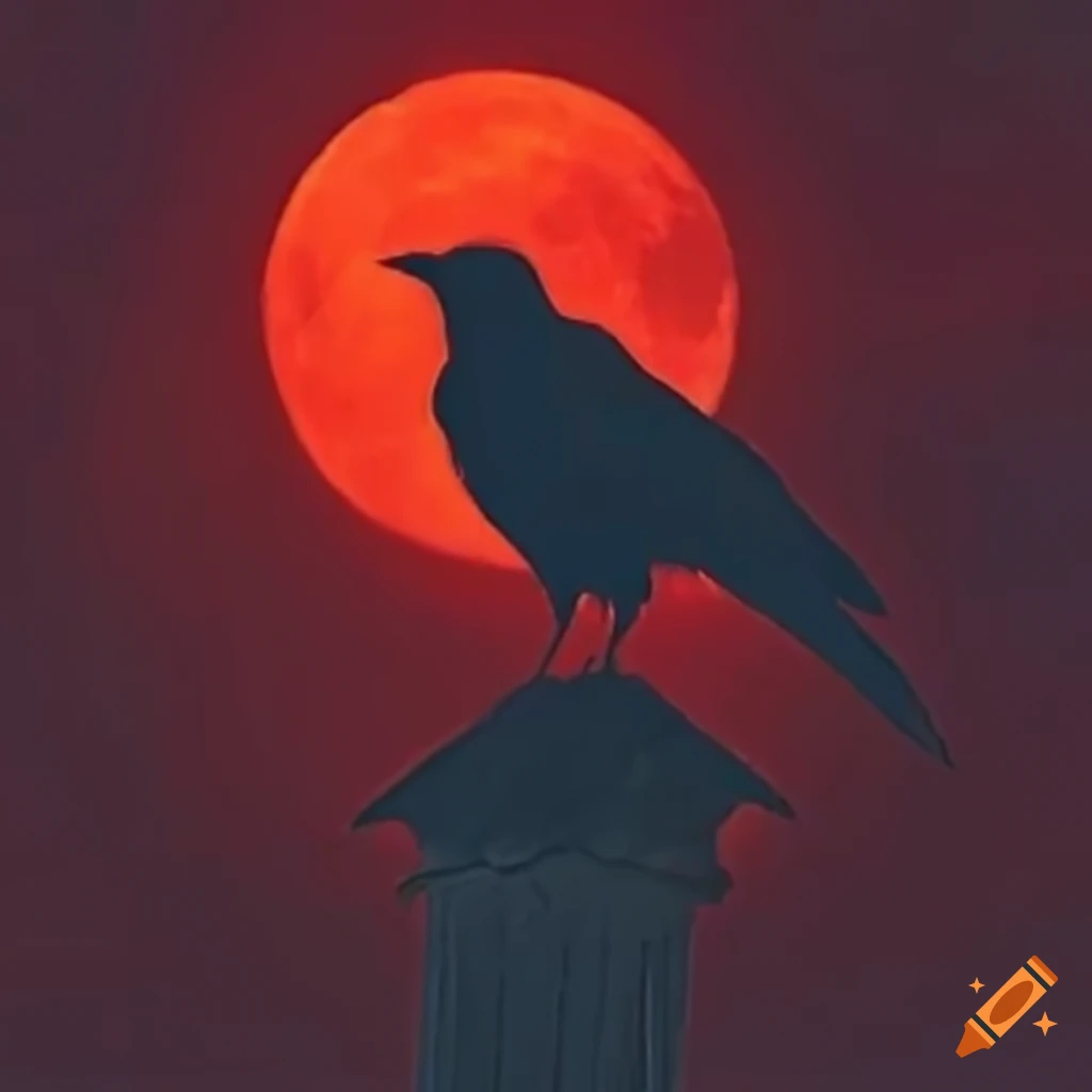 Ravens perched on a lamp post under a red moon in a gothic setting on ...