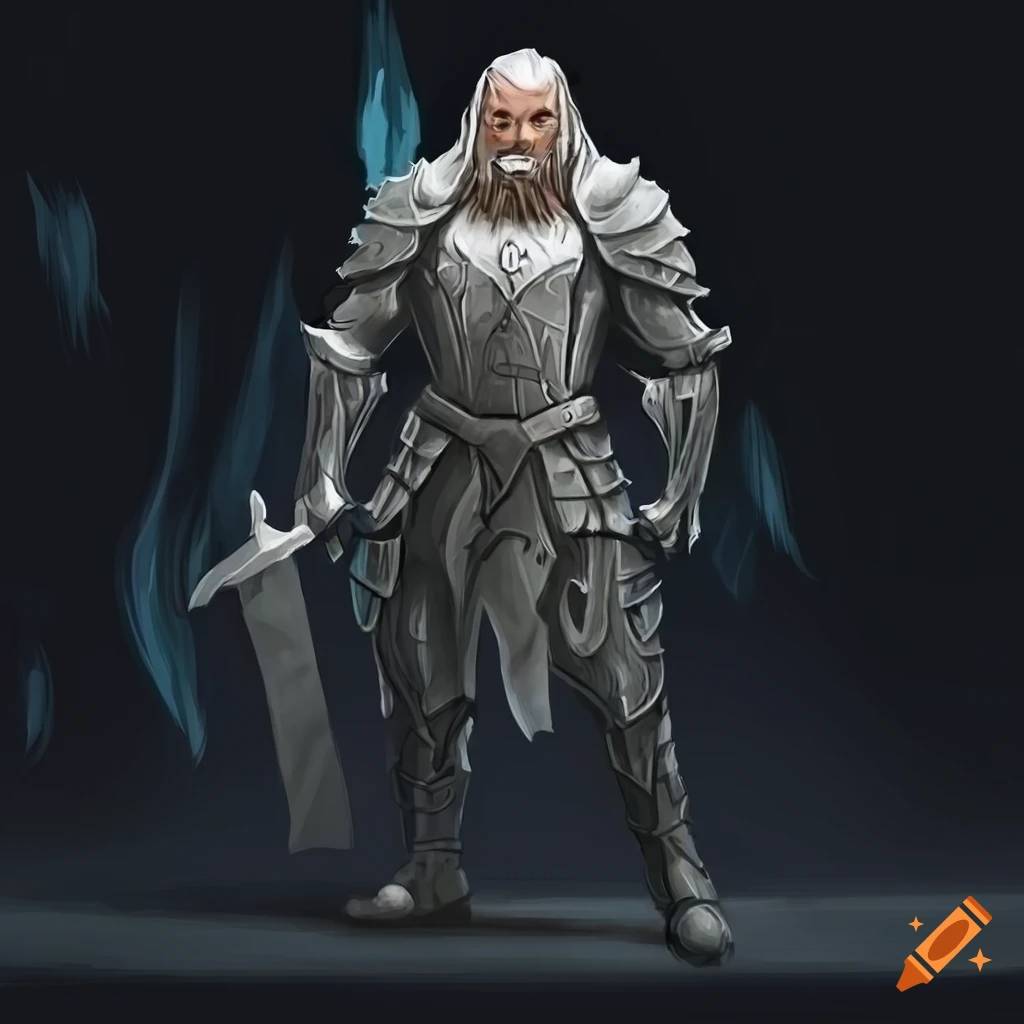 Muscular knight in armor with white beard and grey patterns, a ...