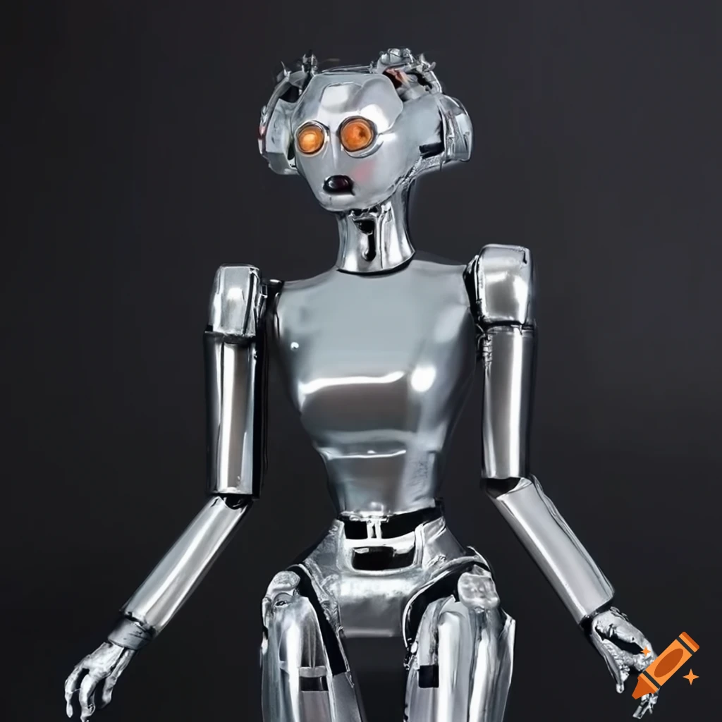 Shiny metal grey latex robot mech inspired by Sophie Turner on Craiyon